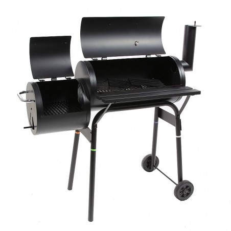Faszenes BBQ grillsütő, 2 rekeszes, grill és füstölő, rács, kémény ...